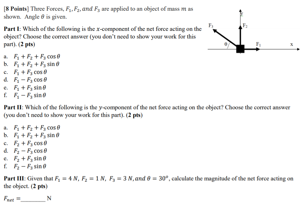 Solved [8 Points] Three Forces, F1,F2, and Fz are applied to | Chegg.com