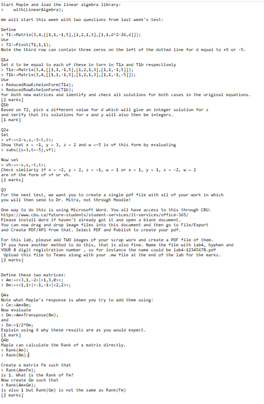 Start Maple and load the linear algebra library: | Chegg.com