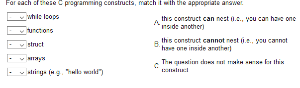 For each of these C programming constructs, match it | Chegg.com