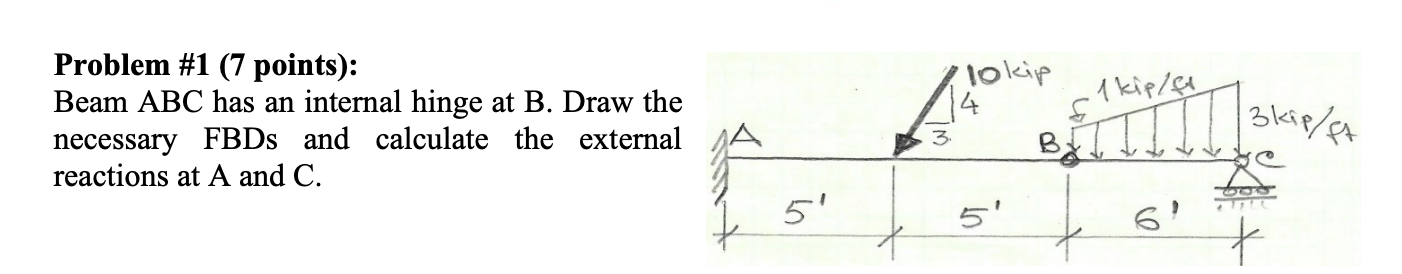 Solved lokip . 1 kipler Problem #1 (7 points): Beam ABC has | Chegg.com