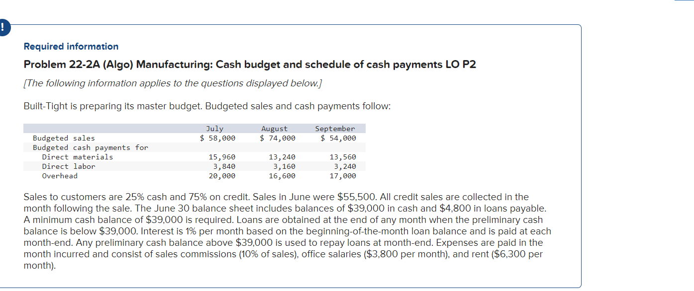Solved ! Required information Problem 22-2A (Algo) | Chegg.com