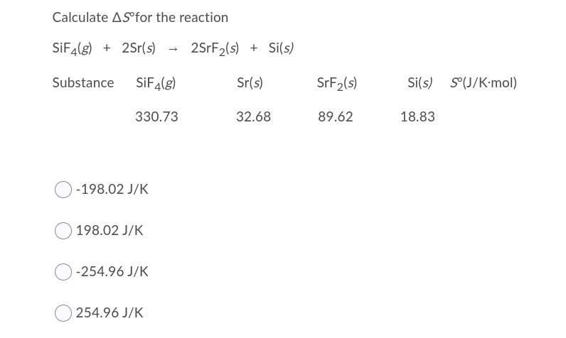 Solved Calculate AS for the reaction SiF4(g) + 25r(s) | Chegg.com