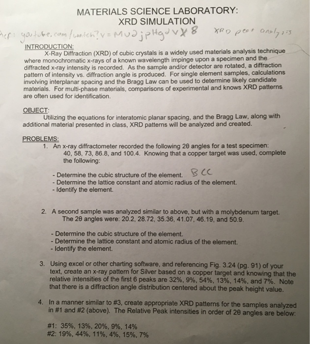 Solved MATERIALS SCIENCE LABORATORY: XRD SIMULATION PH J a | Chegg.com