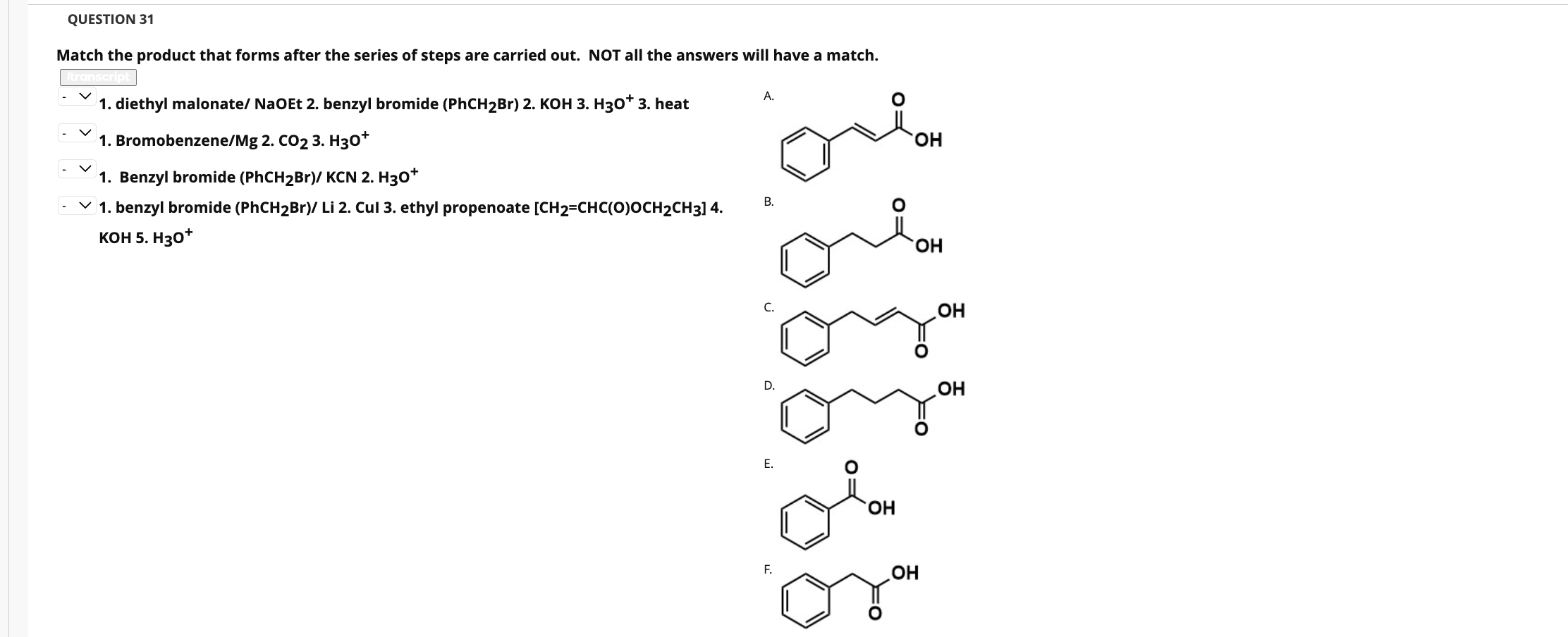 Solved 1. Bromobenzene/Mg 2. CO2 3. H3O+ 1. Benzyl bromide | Chegg.com