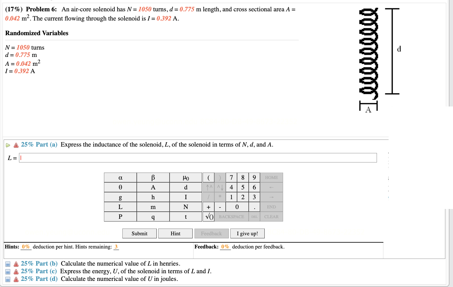 Solved (17\%) Problem 6: An air-core solenoid has N=1050 | Chegg.com