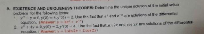 Solved A. EXISTENCE AND UNIQUENESS THEOREM: Determine the | Chegg.com
