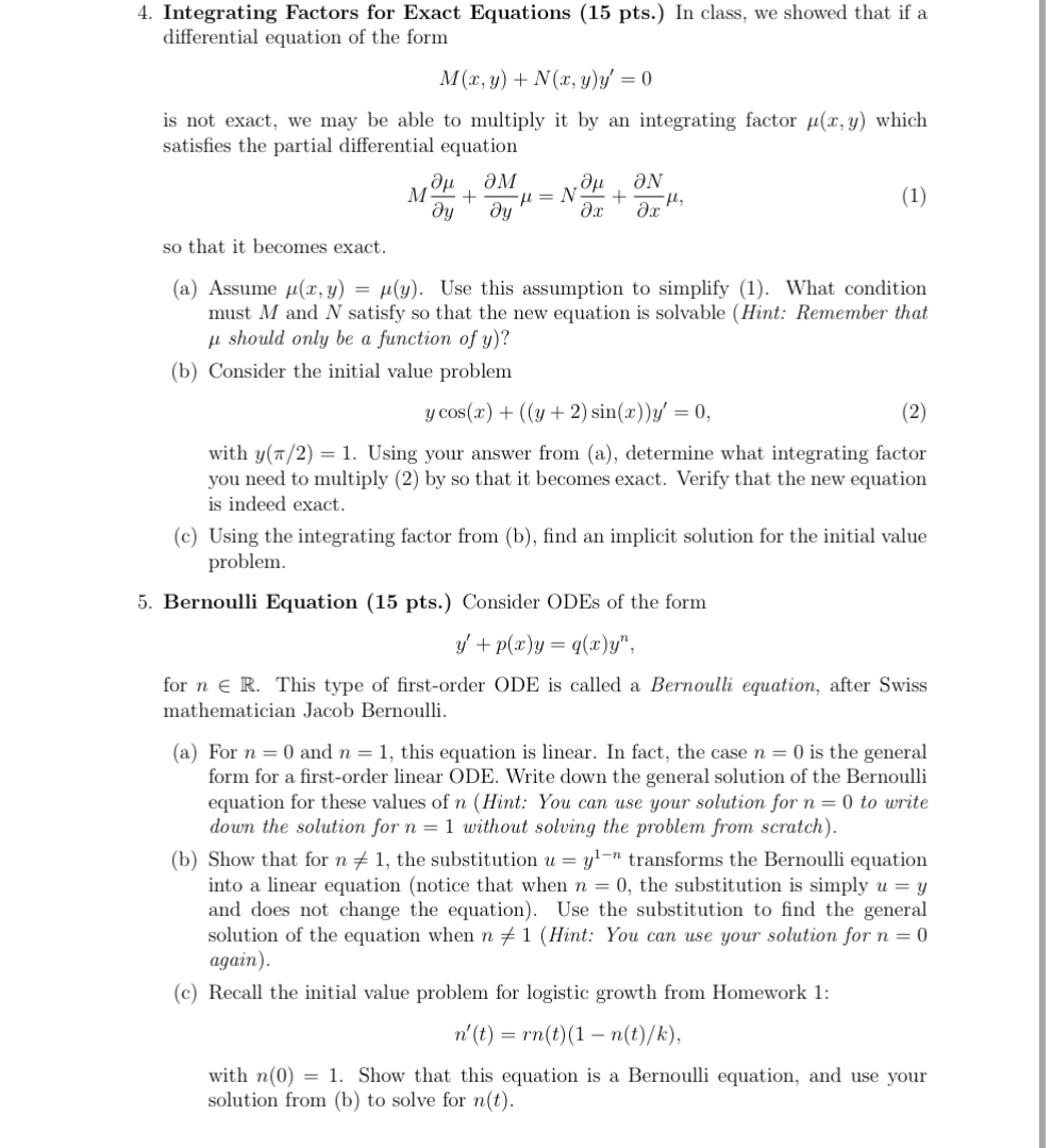 Solved Integrating Factors for Exact Equations (15 ﻿pts.) | Chegg.com