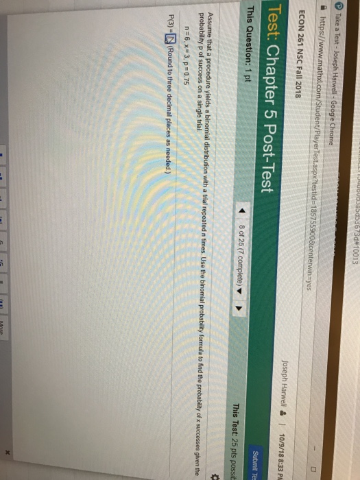 Solved x?testld-185755 ECON 261 NSC Fall 2018 Joseph Harwell | Chegg.com