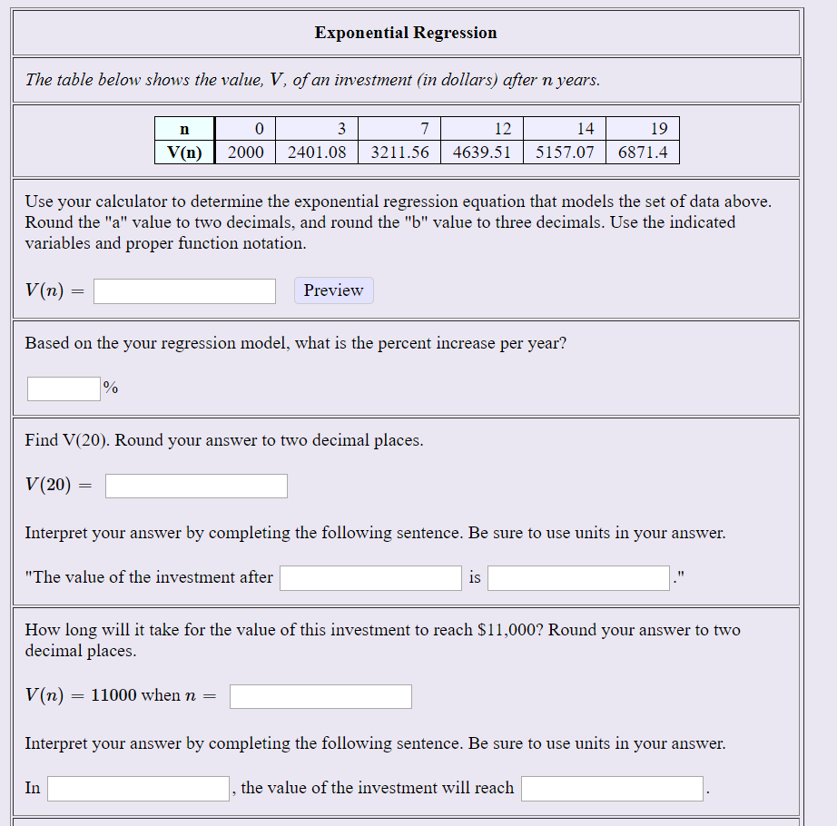 Solved Exponential Regression The table below shows the | Chegg.com