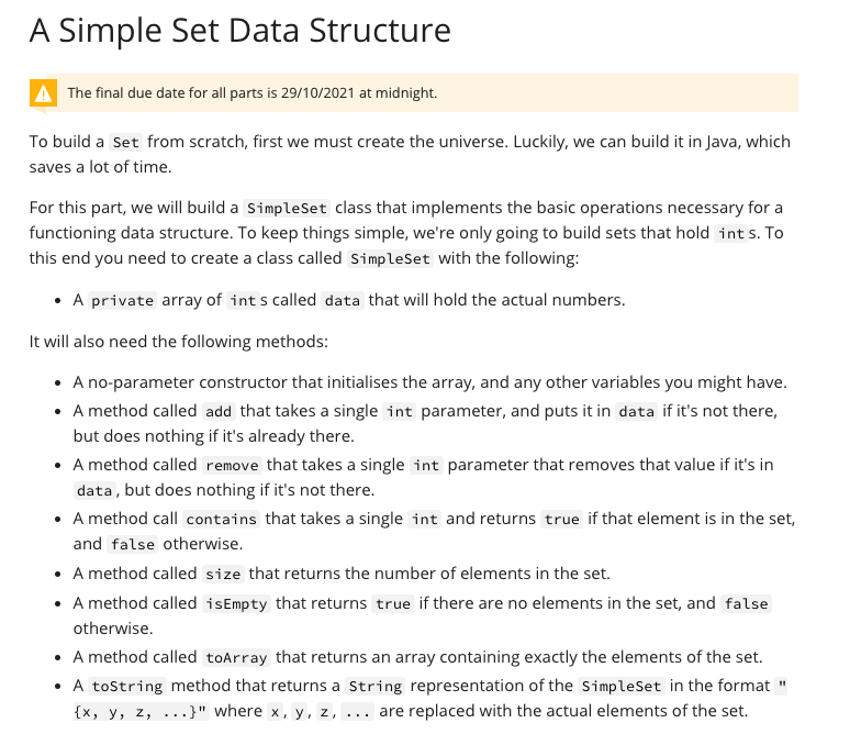 Solved A Simple Set Data Structure A The final due date for | Chegg.com