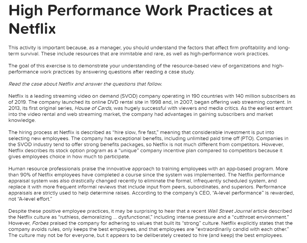 Solved High Performance Work Practices at Netflix This | Chegg.com