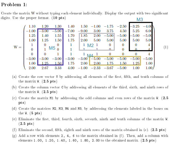 Solved Problem 1: Create the matrix W without typing each | Chegg.com