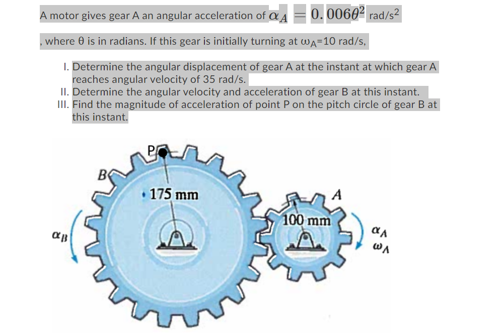 Solved A motor gives gear A an angular acceleration of a A | Chegg.com