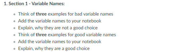 Solved 1. Section 1 - Variable Names: o . Think of three | Chegg.com