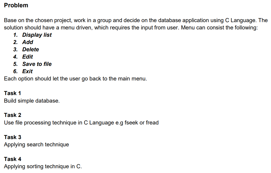Problem Base on the chosen project, work in a group | Chegg.com