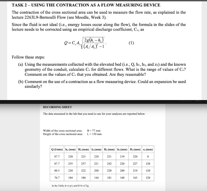 TASK 2 - USING THE CONTRACTION AS A FLOW MEASURING | Chegg.com