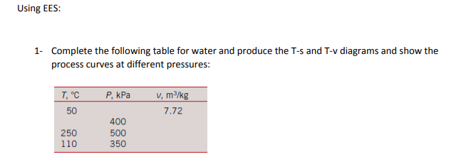 Solved Using EES: 1- Complete the following table for water | Chegg.com
