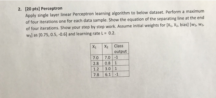 Solved 2. [20 pts] Perceptron Apply single layer linear | Chegg.com