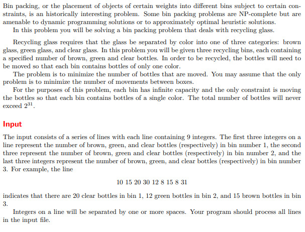 Solved Bin packing, or the placement of objects of certain | Chegg.com
