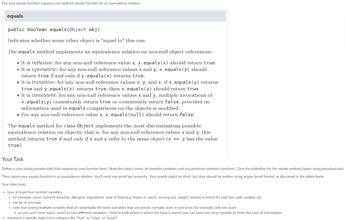 Solved The Java equals function requires user-defined equals | Chegg.com