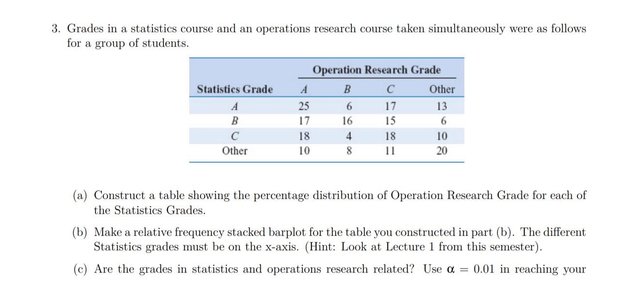 Solved 3. Grades in a statistics course and an operations | Chegg.com