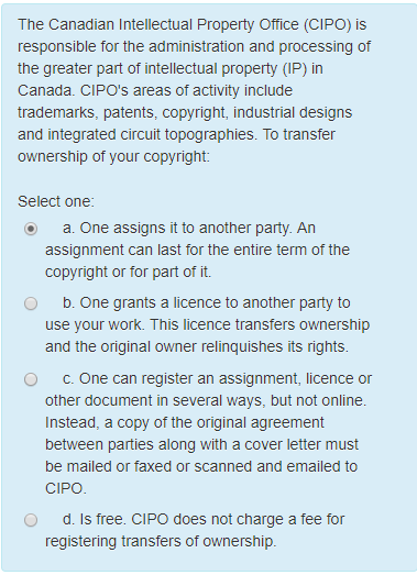 Solved The Canadian Intellectual Property Office (CIPO) is | Chegg.com