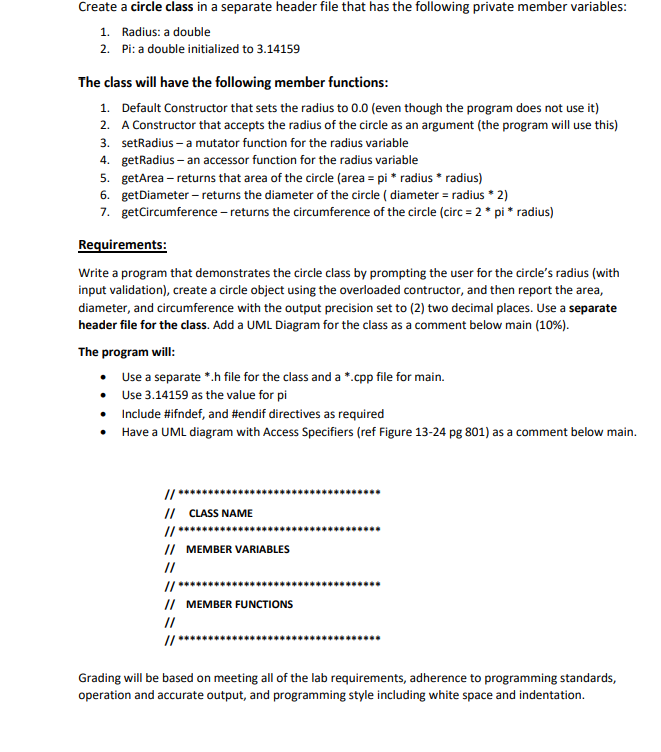 Solved Create a circle class in a separate header file that | Chegg.com
