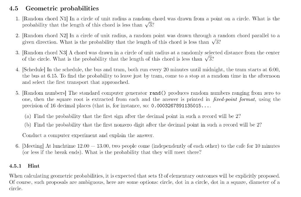 4.5 Geometric probabilities 1. (Random chord N1] In a | Chegg.com