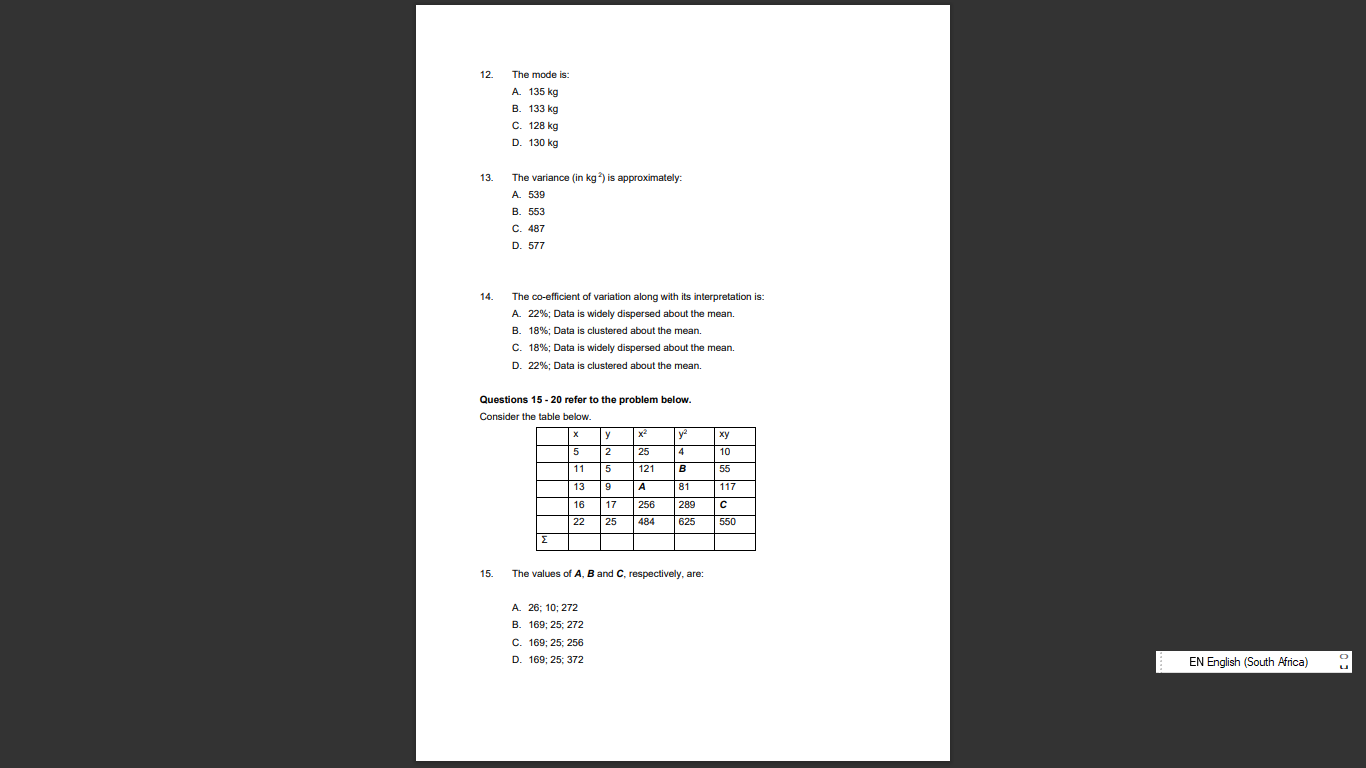 Solved 12. The mode is: A. 135 kg B. 133 kg C. 128 kg D. 130 | Chegg.com