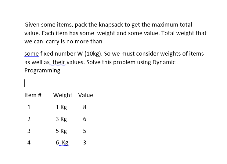 Solved Given some items, pack the knapsack to get the | Chegg.com