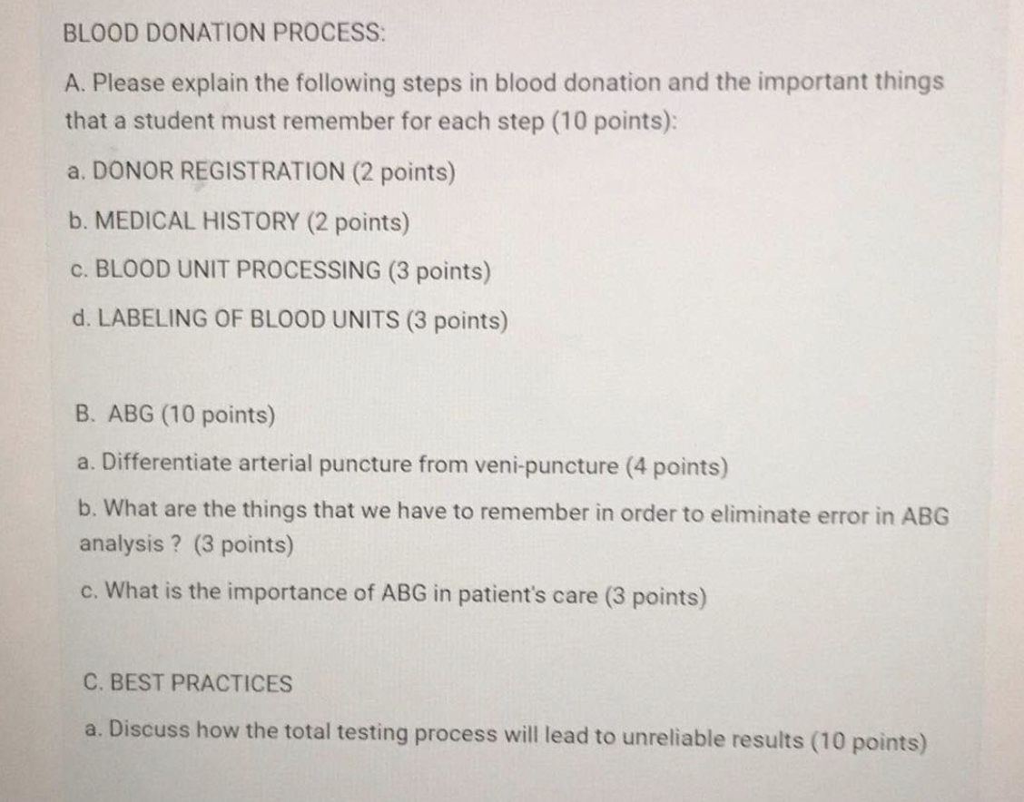 Solved BLOOD DONATION PROCESS: A. Please explain the | Chegg.com