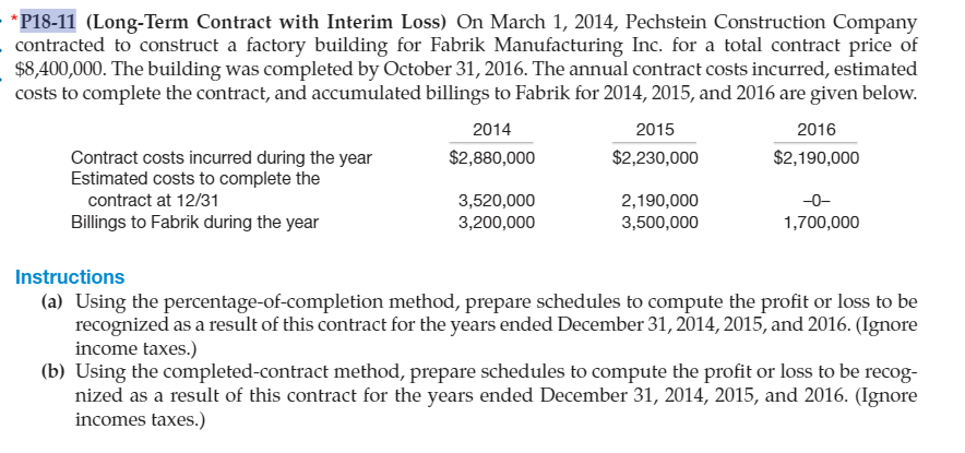 Solved - *P18-11 (Long-Term Contract with Interim Loss) On | Chegg.com