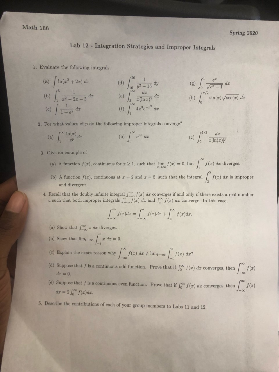 Solved Math 166 Spring 2020 Lab 12 - Integration Strategies | Chegg.com