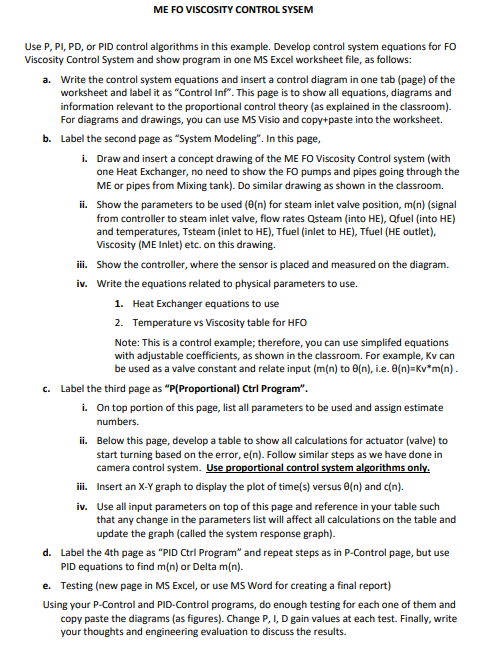 ME FO VISCOSITY CONTROL SYSEM Use P, PI, PD, or PID | Chegg.com