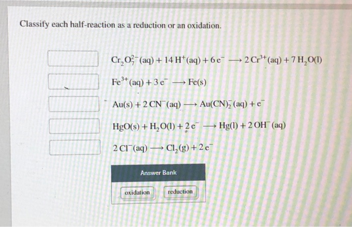 Solved Classify each half-reaction as a reduction or an | Chegg.com