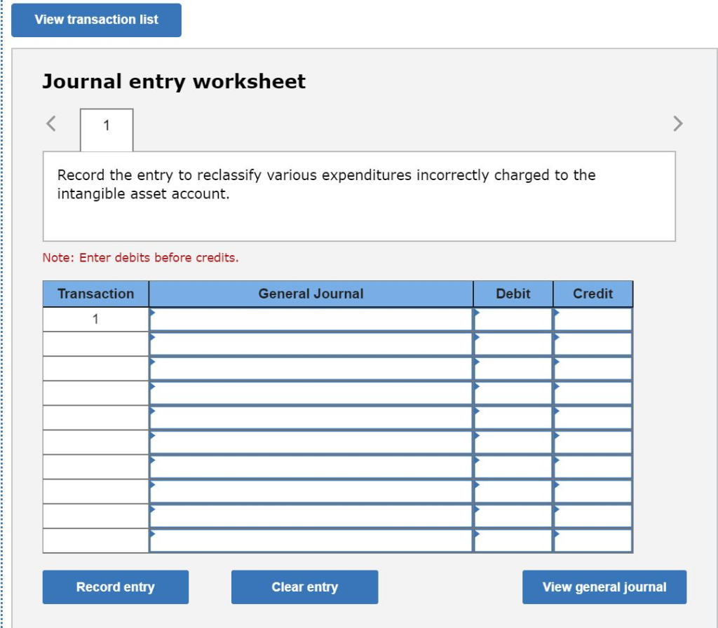 Solved View transaction list Journal entry worksheet 1 | Chegg.com