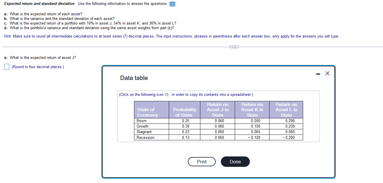 Solved Expected return and standard deviation. Use the | Chegg.com