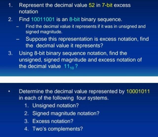 Solved 1. Represent the decimal value 52 in 7 -bit excess | Chegg.com