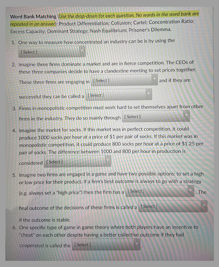 Solved Word Bank Matching (Use the drop-down for each | Chegg.com