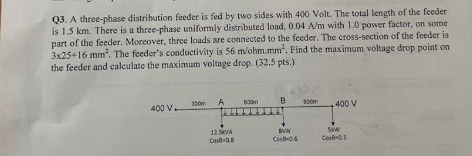 Solved a Q3. A three-phase distribution feeder is fed by two | Chegg.com