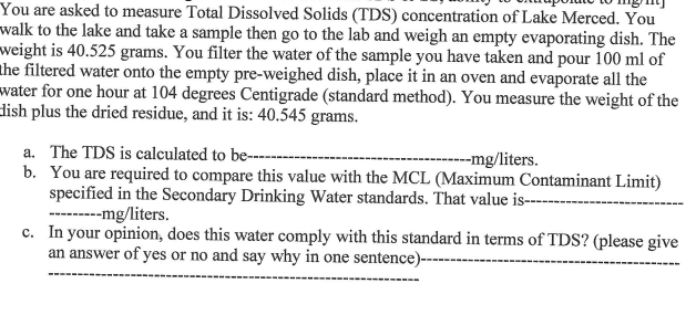 Solved You are asked to measure Total Dissolved Solids (TDS) | Chegg.com