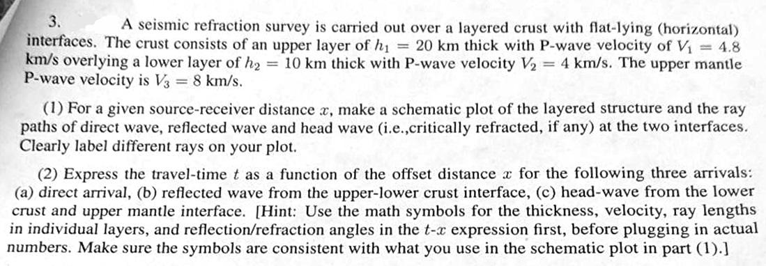 Solved 3. A seismic refraction survey is carried out over a | Chegg.com