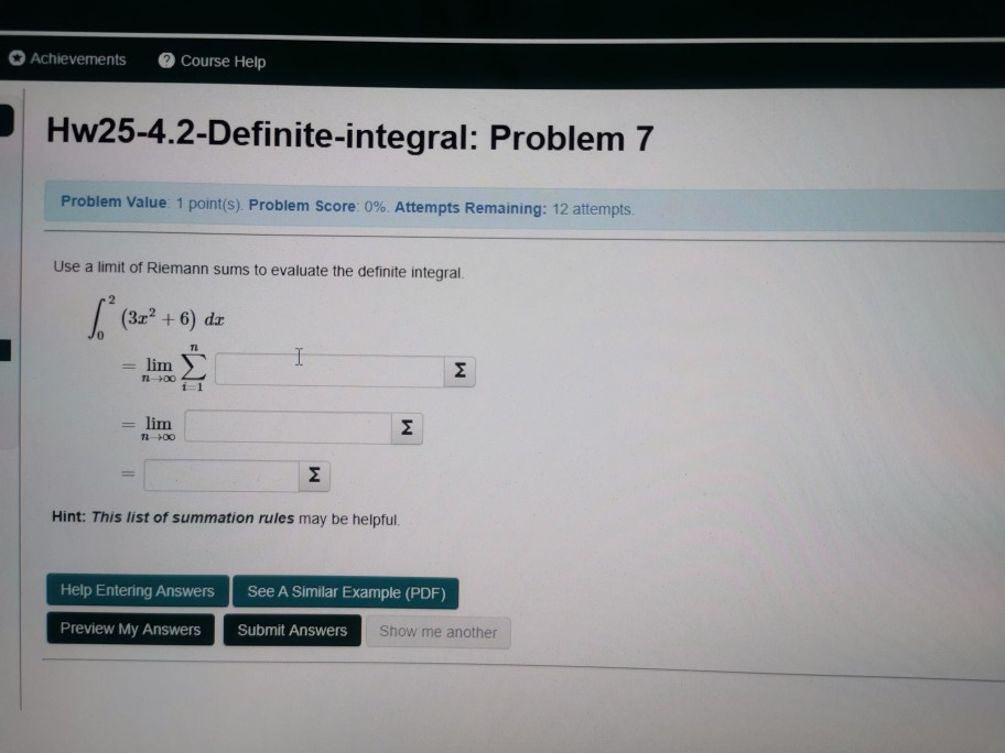 Solved Achievements Course Help Hw25-4.2-Definite-integral: | Chegg.com