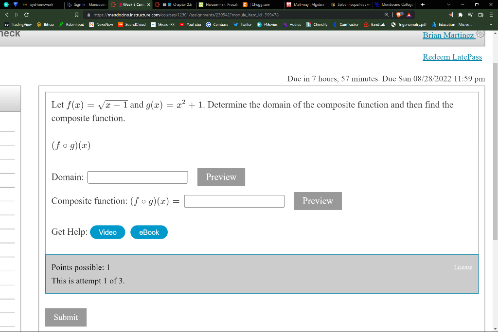Solved Let f(x)=x−1 and g(x)=x2+1. Determine the domain of | Chegg.com