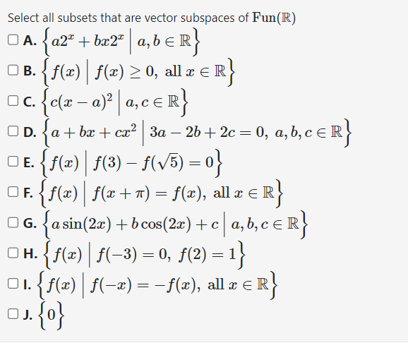 Solved Select all subsets that are vector subspaces of | Chegg.com