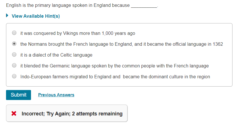 Solved English is the primary language spoken in England | Chegg.com