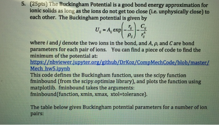 5. (25pts) The Buckingham Potential is a good bond | Chegg.com