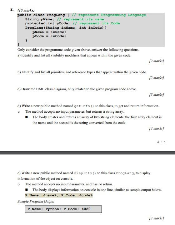 Solved 2. (15 marks) public class ProgLang {// represent | Chegg.com