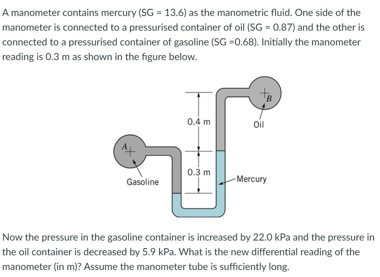 Solved A manometer contains mercury (SG = 13.6) as the | Chegg.com