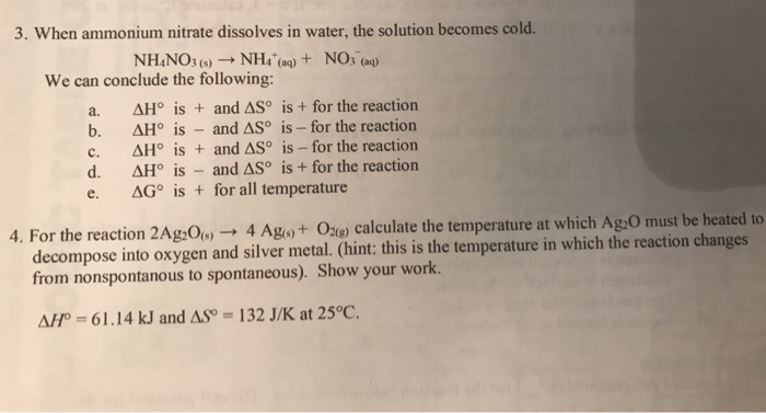 Solved When ammonium nitrate dissolves in water, the | Chegg.com
